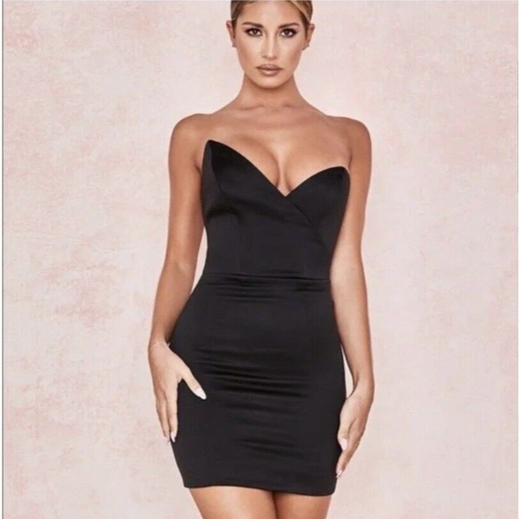 House of CB | Dresses | House Of Cb New Asymmetrical Black Strapless Satin Mini Dress Size Xs ...